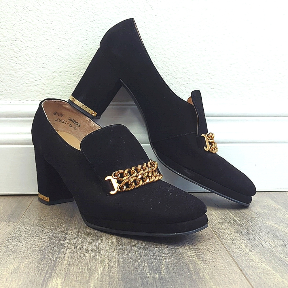 Italian Genuine Suede Box Toe Black & Gold Heels - Gem